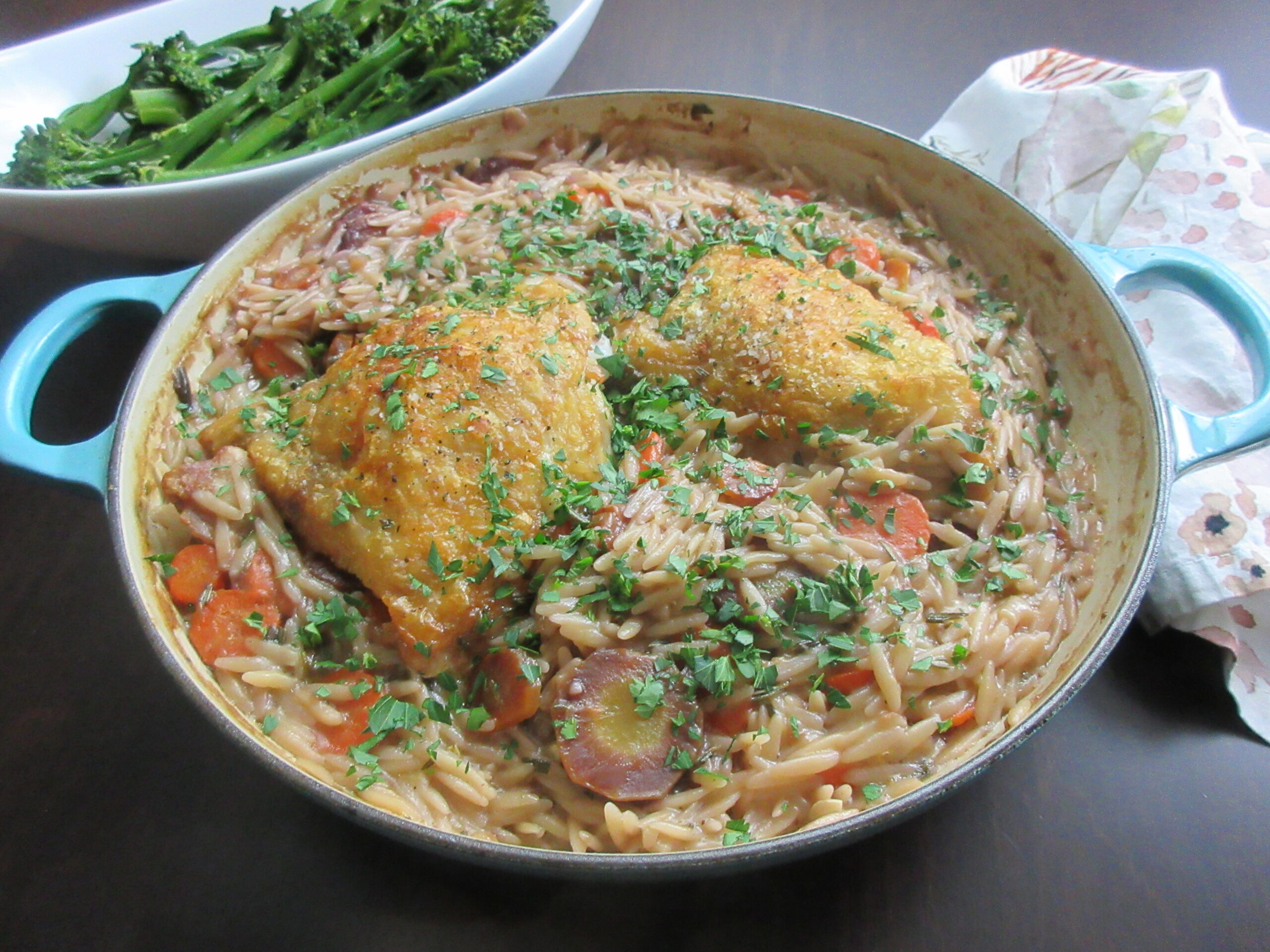 Chicken Thighs and Orzo with Steamed Broccolini - Mrs. Huckwitt